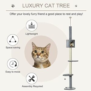 PawHut 85.5" Cat Tree Height Adjustable Floor-to-Ceiling 4-Tier Kitty Climbing Activity Center Condo Cat Toy with Scratching Post Hanging Balls Play Rest Post Pet Furniture Grey