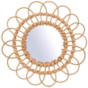 oypeip 11" small natural rattan sunburst bohemian hanging glass decor,rustic handwoven innovative art decoration round makeup mirror for dressing living room bedroom bathroom corridor,entryway