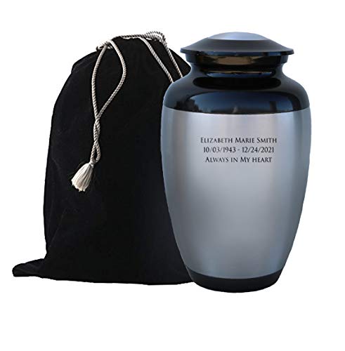 MEMORIALS 4U Classic Custom Engraved Cremation Urn - Handcrafted Urn for Human Ashes - Affordable Urn for Ashes with Velvet Bag (Silver)