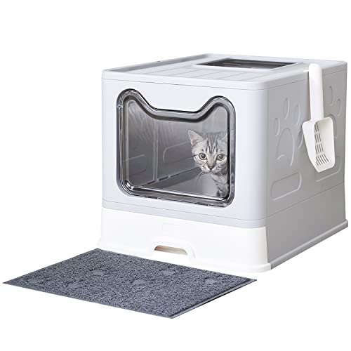 Medario Cat Litter Box with Cat Litter Mat and Scoop, Large Foldable Litter Box with Lid, Front Entry Top Exit Kitty Litter Box, Odor Control Easy Clean (Grey)