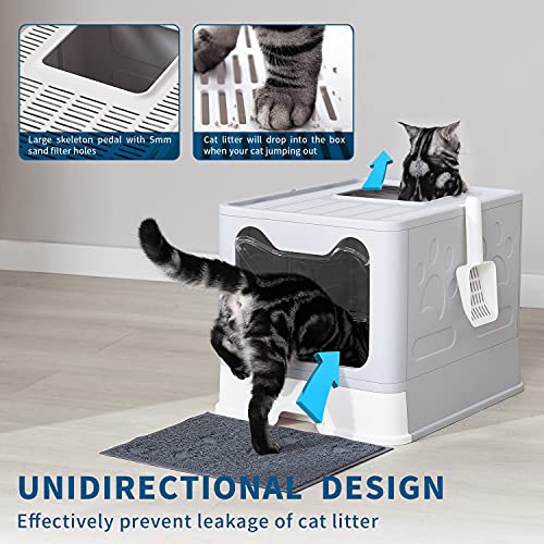 Medario Cat Litter Box with Cat Litter Mat and Scoop, Large Foldable Litter Box with Lid, Front Entry Top Exit Kitty Litter Box, Odor Control Easy Clean (Grey)