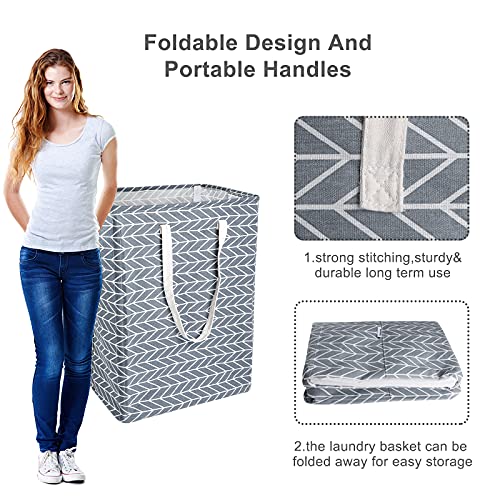 Gwane 96L Collapsible Laundry Basket with 4 Detachable Brackets, Thick Waterproof Lining, Large Square Laundry Hamper for Bathroom, Bedroom, Clothing, Toy Storage(Gray Fishbone)