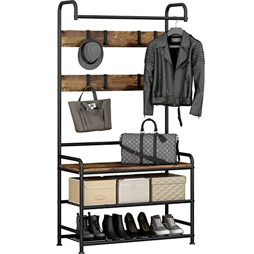 SUOERNUO Coat Rack Shoe Bench 3-in-1 Hall Tree Storage Shelf Organizer for Entryway Heavy Duty MDF Stand Coat Rack Industrial Accent Furniture with Stable Metal Frame (Rustic Brown + Black)