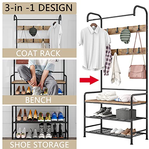 SUOERNUO Coat Rack Shoe Bench 3-in-1 Hall Tree Storage Shelf Organizer for Entryway Heavy Duty MDF Stand Coat Rack Industrial Accent Furniture with Stable Metal Frame (Rustic Brown + Black)