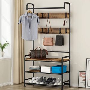 SUOERNUO Coat Rack Shoe Bench 3-in-1 Hall Tree Storage Shelf Organizer for Entryway Heavy Duty MDF Stand Coat Rack Industrial Accent Furniture with Stable Metal Frame (Rustic Brown + Black)