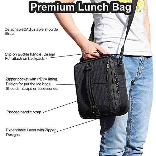 GOWRAPS Insulated Lunch Bag For Kids Women Men-Black Lunchbox For Adults With Strap Small Insulated Lunch Box For Work School Rectangle lunch Boxes Expandable-Black