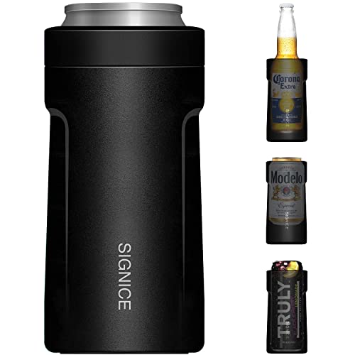 3-IN-1 Insulated Can Cooler - Signice Double Walled Vacuum Insulator Stainless Steel Slim Can Cooler for 12 Oz Skinny Tall Can/Standard Regular Can/Beer Bottle (Matte Black)