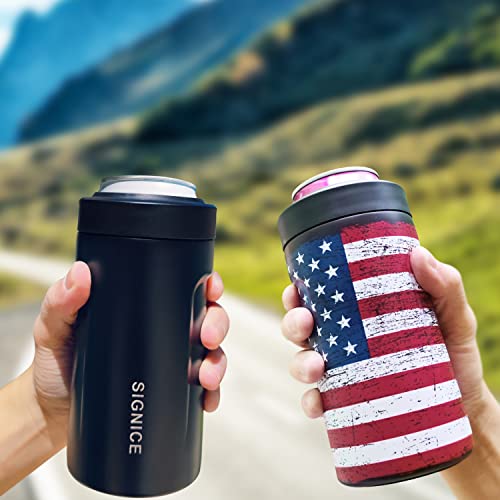 3-IN-1 Insulated Can Cooler - Signice Double Walled Vacuum Insulator Stainless Steel Slim Can Cooler for 12 Oz Skinny Tall Can/Standard Regular Can/Beer Bottle (Matte Black)