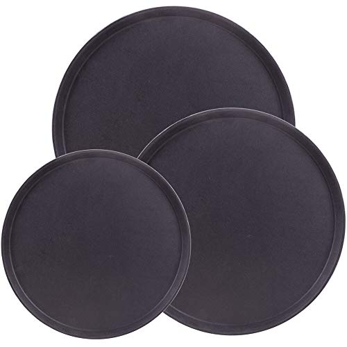 Round Serving Tray Bundle with No-Slip Rubber Safety Lining, 3-Pack (Black) - Commercial Restaurant, Cafeteria, Bar, Diner Food, Coffee, Drink, & Waiter Carrying Platter – Includes 11", 14" & 18"