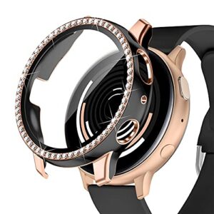 geak compatible with samsung galaxy watch active 2 case 40mm, overall guard diamonds hd screen protector with rose gold edges design for samsung active 2 watch women girls 40mm black/rosegold