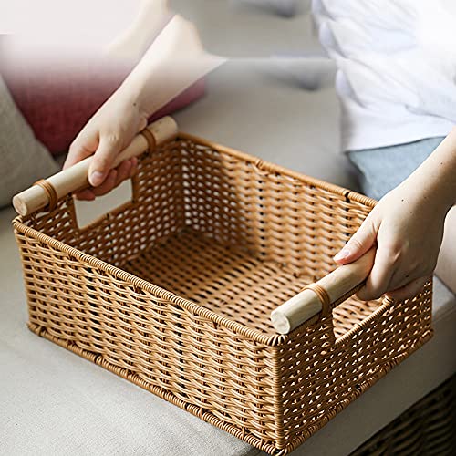 UXZDX Imitated Rattan Storage Basket, Simple Wooden Handle Living Room Finishing Basket, Snack Basket Sundries Storage Basket