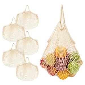 6 pack reusable cotton mesh grocery bags for produce, fruit, vegetables, string net shopping totes (beige)