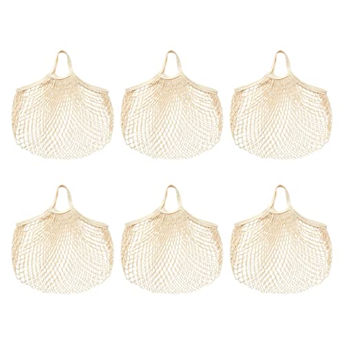 6 Pack Reusable Cotton Mesh Grocery Bags for Produce, Fruit, Vegetables, String Net Shopping Totes (Beige)