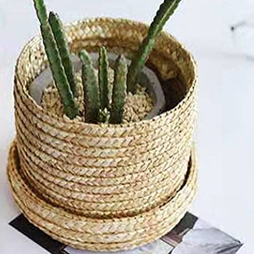 UXZDX Handmade Straw Woven Snack Storage Basket with Lid Storage Box Laundry Basket Rattan Flower Basket