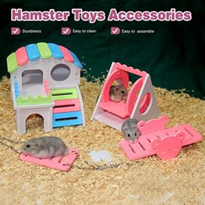 4 Pack Hamster Toys, Two Layers Rainbow Hamster House with Ladder Slide for Hamster Hideout Perch, Hanging Swing & Triangle Swing & Hamster Seesaw for Sport Exercise, Syrian Hamster Cage Accessories