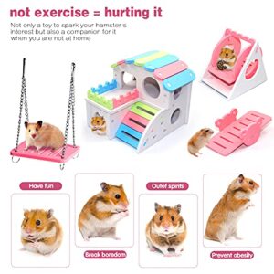 4 Pack Hamster Toys, Two Layers Rainbow Hamster House with Ladder Slide for Hamster Hideout Perch, Hanging Swing & Triangle Swing & Hamster Seesaw for Sport Exercise, Syrian Hamster Cage Accessories