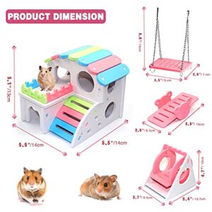 4 Pack Hamster Toys, Two Layers Rainbow Hamster House with Ladder Slide for Hamster Hideout Perch, Hanging Swing & Triangle Swing & Hamster Seesaw for Sport Exercise, Syrian Hamster Cage Accessories