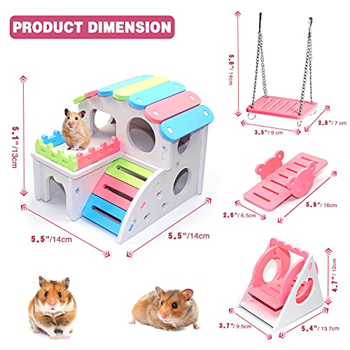 4 Pack Hamster Toys, Two Layers Rainbow Hamster House with Ladder Slide for Hamster Hideout Perch, Hanging Swing & Triangle Swing & Hamster Seesaw for Sport Exercise, Syrian Hamster Cage Accessories