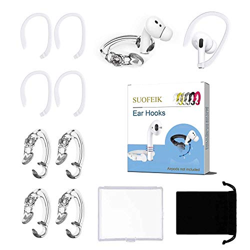 SUOFEIK 4 Pairs Ear Hooks Compatible with Apple AirPods 3, 1, 2 and Pro, Anti-Slip Anti-Drop Ear Covers AirPods Accessories for Running, Cycling and Other Activities (2White+2Transparent)