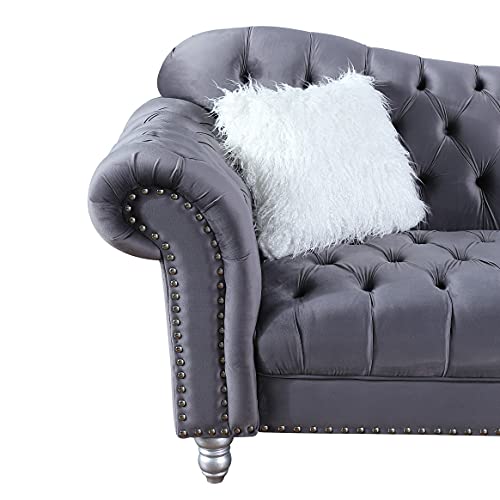 Morden Fort Chesterfield Sofa Grey Velvet, 76" W Tufted Upholstery Sofas, Classic Couches for Living Room Furniture Sets