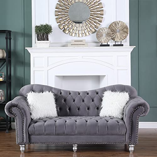 Morden Fort Chesterfield Sofa Grey Velvet, 76" W Tufted Upholstery Sofas, Classic Couches for Living Room Furniture Sets