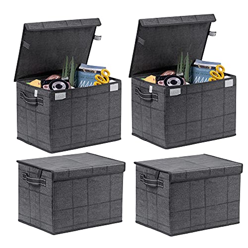 VENO 4 Pack Large Collapsible Storage Bin with Lid, Decorative Box, Cube, Organizer, Container for Home Office Shelf Closet Toys Clothes Sundries, Reusable and Sustainable (BLK/WIN - Set of 4)