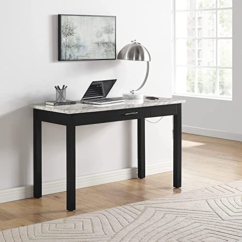 New Classic Furniture Celeste Faux Marble Writing Table Desk for Home Office, White/Gray with Black Base