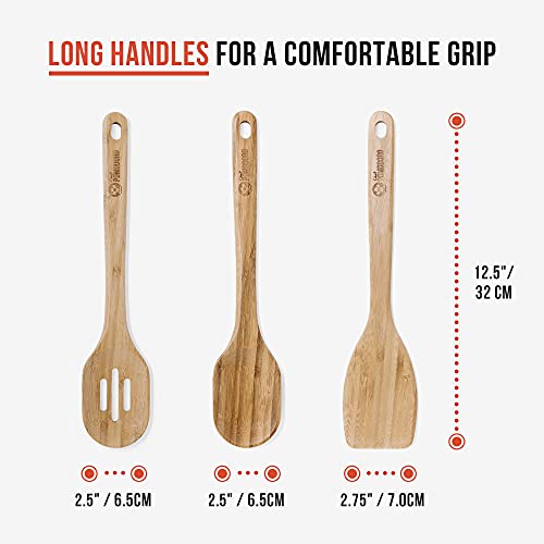 Chef Pomodoro Wooden Cooking Utensils 3-Piece Set, Bamboo | Large 12.5-Inch, Wooden Spatula for Cooking, Kitchen Utensil Set | Wooden Kitchen Frying Set,