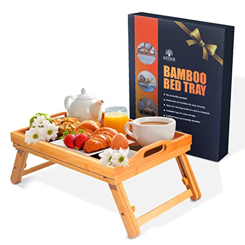 KEEKR Bed Tray with Adjustable Height for Eating - Portable Food Table for Serving Breakfast in Bed - Dining Caddy with Locking Legs, Carrying Handles, 100% Made of Bamboo