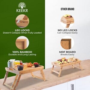 KEEKR Bed Tray with Adjustable Height for Eating - Portable Food Table for Serving Breakfast in Bed - Dining Caddy with Locking Legs, Carrying Handles, 100% Made of Bamboo