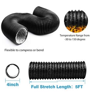 YIJUHOU 4 Inch 5 Feet Dryer Vent Hose, Flexible Aluminum Air Ducting for HVAC Ventilation, Fan Filter and Grow Tent, 2 Clamps Include