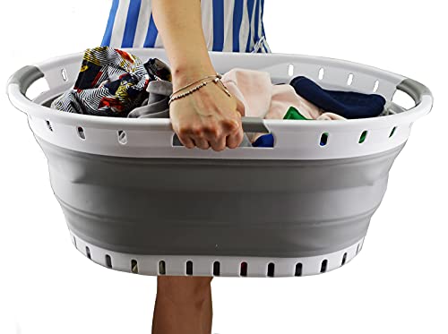 SAMMART 44L Collapsible Plastic Laundry Basket - Foldable Pop Up Storage Container/Organizer - Space Saving Hamper/Basket (1, White/Grey)