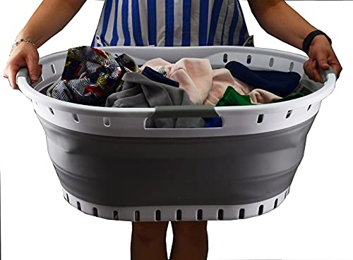 SAMMART 44L Collapsible Plastic Laundry Basket - Foldable Pop Up Storage Container/Organizer - Space Saving Hamper/Basket (1, White/Grey)