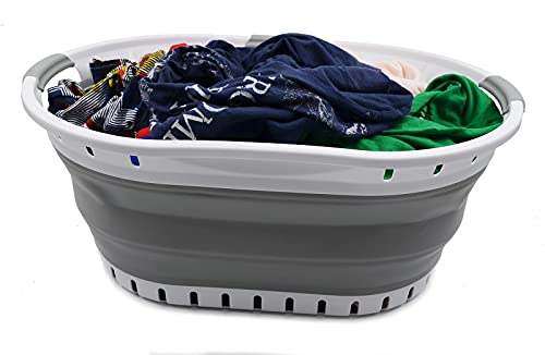 SAMMART 44L Collapsible Plastic Laundry Basket - Foldable Pop Up Storage Container/Organizer - Space Saving Hamper/Basket (1, White/Grey)