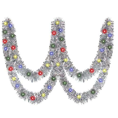 KIMOBER 32.8 Ft Christmas Prelit Tinsel Garland, Silver Metallic Garland with 100 LED Lights for Christmas Tree Decoration,Wedding Party Supplies