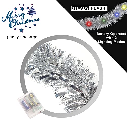 KIMOBER 32.8 Ft Christmas Prelit Tinsel Garland, Silver Metallic Garland with 100 LED Lights for Christmas Tree Decoration,Wedding Party Supplies