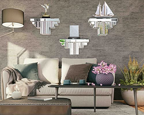 Floating Wall Shelf Mirrored, Silver Mirror Crushed Diamond Decorative Wall Shelf for Home Decoration Crystal Diamond Wall Art Décor Accent Piece Showcase, 16" L×6" W×8.5" H