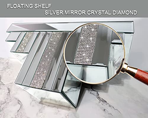 Floating Wall Shelf Mirrored, Silver Mirror Crushed Diamond Decorative Wall Shelf for Home Decoration Crystal Diamond Wall Art Décor Accent Piece Showcase, 16" L×6" W×8.5" H