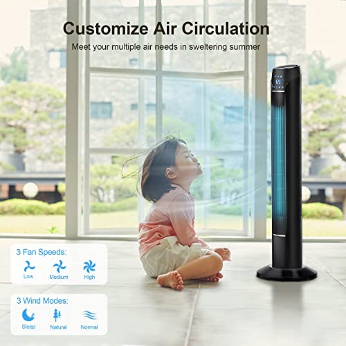 Uthfy Tower Fan for Bedroom, 80°Oscillating fan, Bladeless Fan with 3 Speeds, 3 Modes,15H Timer, 36 Inch Floor Standing Fan with Remote, Quiet Cooling Fan, Electric Fan for Home Room Office, Black