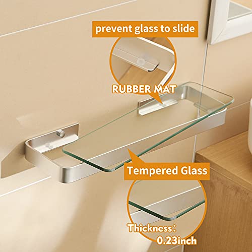 Danpoo Small Floating Shelf Bathroom Wall Shelf, 12" Tempered Glass Shelf Wall Mounted(Matte Silver)