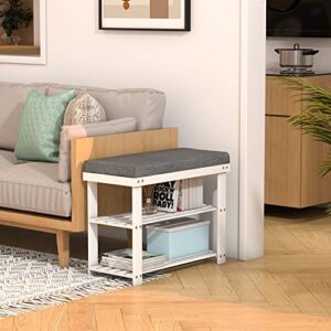 Domax White Shoe Rack Bench for Entryway - Bench with Shoe Storage Front Door Shoe Bench with Cushion Upholstered Padded Seat 3 Tier Bamboo Shoe Holder for Indoor Entrance Hallway Bedroom Living Room