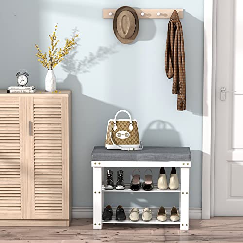 Domax White Shoe Rack Bench for Entryway - Bench with Shoe Storage Front Door Shoe Bench with Cushion Upholstered Padded Seat 3 Tier Bamboo Shoe Holder for Indoor Entrance Hallway Bedroom Living Room