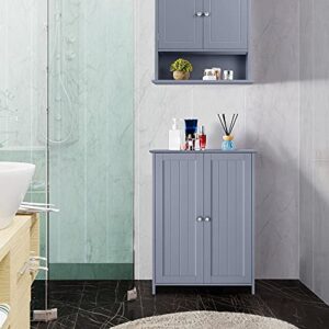 Yaheetech Bathroom Floor Cabinet, Modern Storage Freestanding Organizer Cabinet with Adjustable Shelves & Double Doors, 3-Tier Home Living Room Furniture, Gray