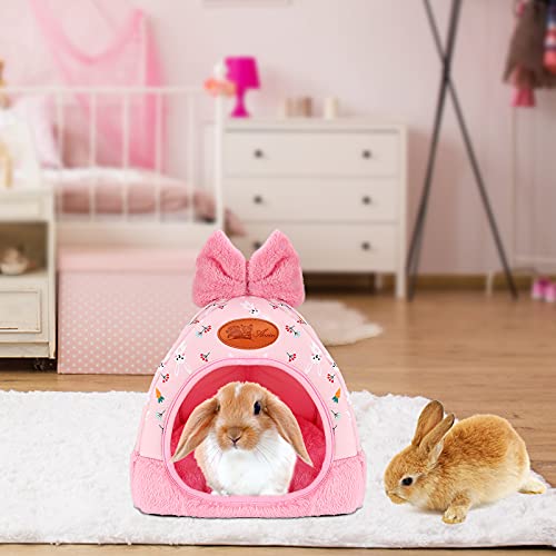 YUEPET Rabbit Bed Warm Guinea Pig Cave Beds Cute Bowknot Rabbit House and Hideouts Cage Accessorie for Bunny Guinea Pigs Chinchilla and Other Small Animals