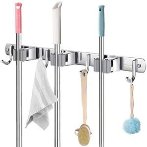 yanvsvda mop and broom holder wall mount heavy duty stainless steel tool organizer with 3rocks and 4hooks for home,kitchen,bathroom,garage,garden,laundry room (1 pack)