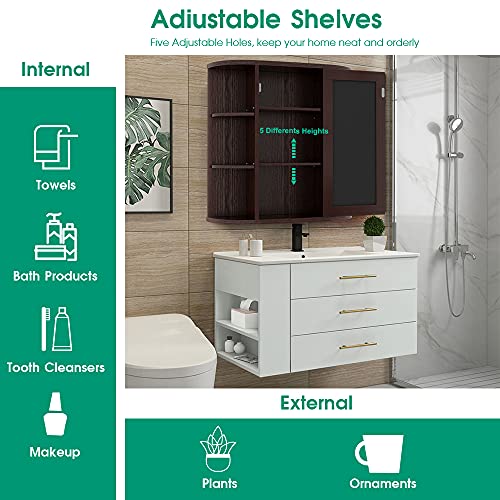 VIVIJASON Bathroom Wall Mounted Cabinet - Over The Toilet Space Saver Storage Cabinet - Medicine Storage Organizer - Bathroom Hanging Cupboard with Mirror Single Door and 2 Adjustable Shelves (Coffee)