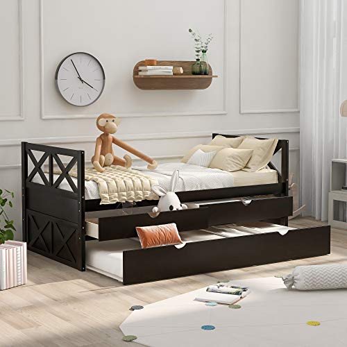 Danxee Captain’s Bed Twin Daybed with Trundle Bed and Storage Drawers Multi-Functional Daybed for Bedroom Living Room (Espresso)