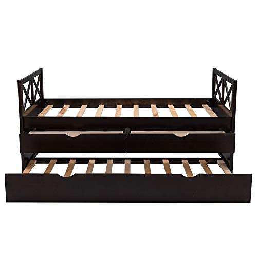 Danxee Captain’s Bed Twin Daybed with Trundle Bed and Storage Drawers Multi-Functional Daybed for Bedroom Living Room (Espresso)