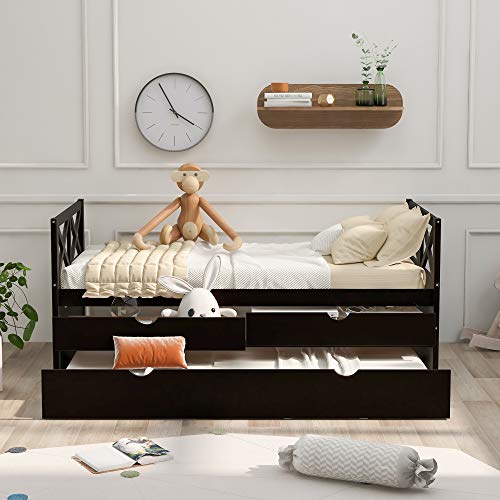 Danxee Captain’s Bed Twin Daybed with Trundle Bed and Storage Drawers Multi-Functional Daybed for Bedroom Living Room (Espresso)