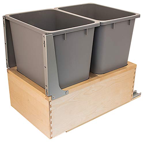 Double Wood Framed Bottom Mount Kitchen Pullout Waste Container Trash Can System with Soft Close Slides and Mounting Brackets (2 x 36 Qt)